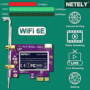 NETELY 802.11AX WiFi 6E 5400Mbps PCIE WiFi Adapter with Bluetooth 5.2 for Windows 10/11 64bit Desktop PCs, 2.4GHz 574Mbps, 5GHz 2400Mbps, and 6GHz 2400Mbps, Intel WiFi 6E AX210 PCIE WiFi Card (AX5400)