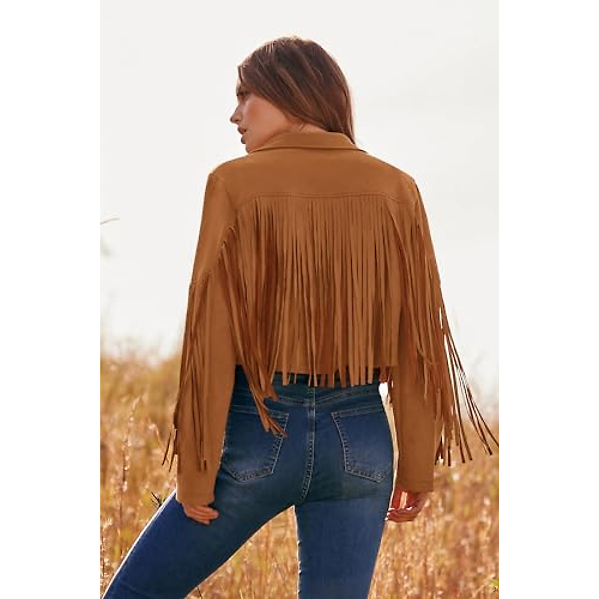 PRETTYGARDEN Women's Fringe Faux Suede Leather Jackets 2023 Fashion Tassel Motorcycle Cropped Coats (Brown Yellow,Small)