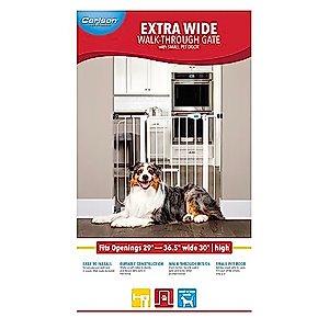 Carlson Extra Wide Walk Through Pet Gate with Small Pet Door, Includes 4-Inch Extension Kit, Pressure Mount Kit and Wall Mount Kit,White