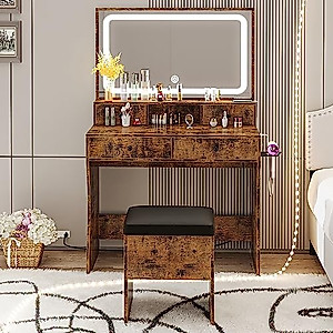 LIKIMIO Vanity Desk with LED Lighted Mirror & Power Outlet & 4 Drawers, Dressing Makeup Table Set with Storage Stool and Hair Dryer Stand, Vintage Brown