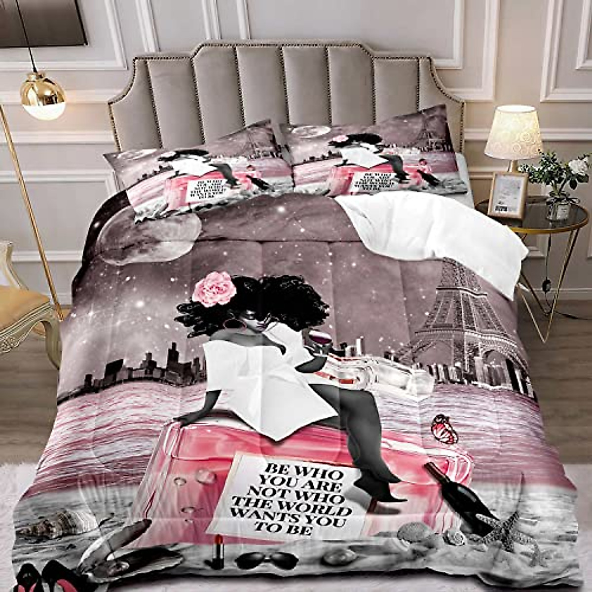 LUVIVIHOME Black Girl Magic Comforter Set for Women, Pink King Size Comforter, African Girl Bedding Sets, Eiffel Tower Beach Romantic Paris Bedroom Decor for Teen Girls, 1 Quilt and 2 Pillowcases