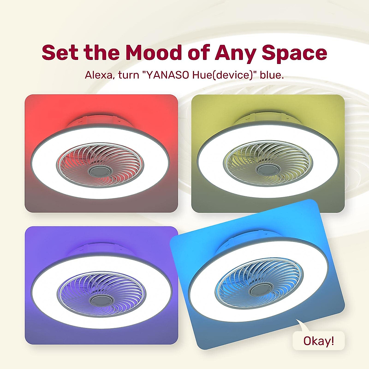 YANASO Hue Ceiling Fan - Bladeless Ceiling Fan with Lights with Alexa/Google Assistant/App Control Color Changing LED-RGB Back Ambient Light for Living Room Bedroom Kitchen,Low Profile(Black)