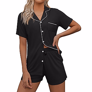 Ekouaer Pajamas Set for Women Short Sleeve Sleepwear Notch Collar Button Down Nightwear Soft Pjs Lounge Set,Black,XX-Large