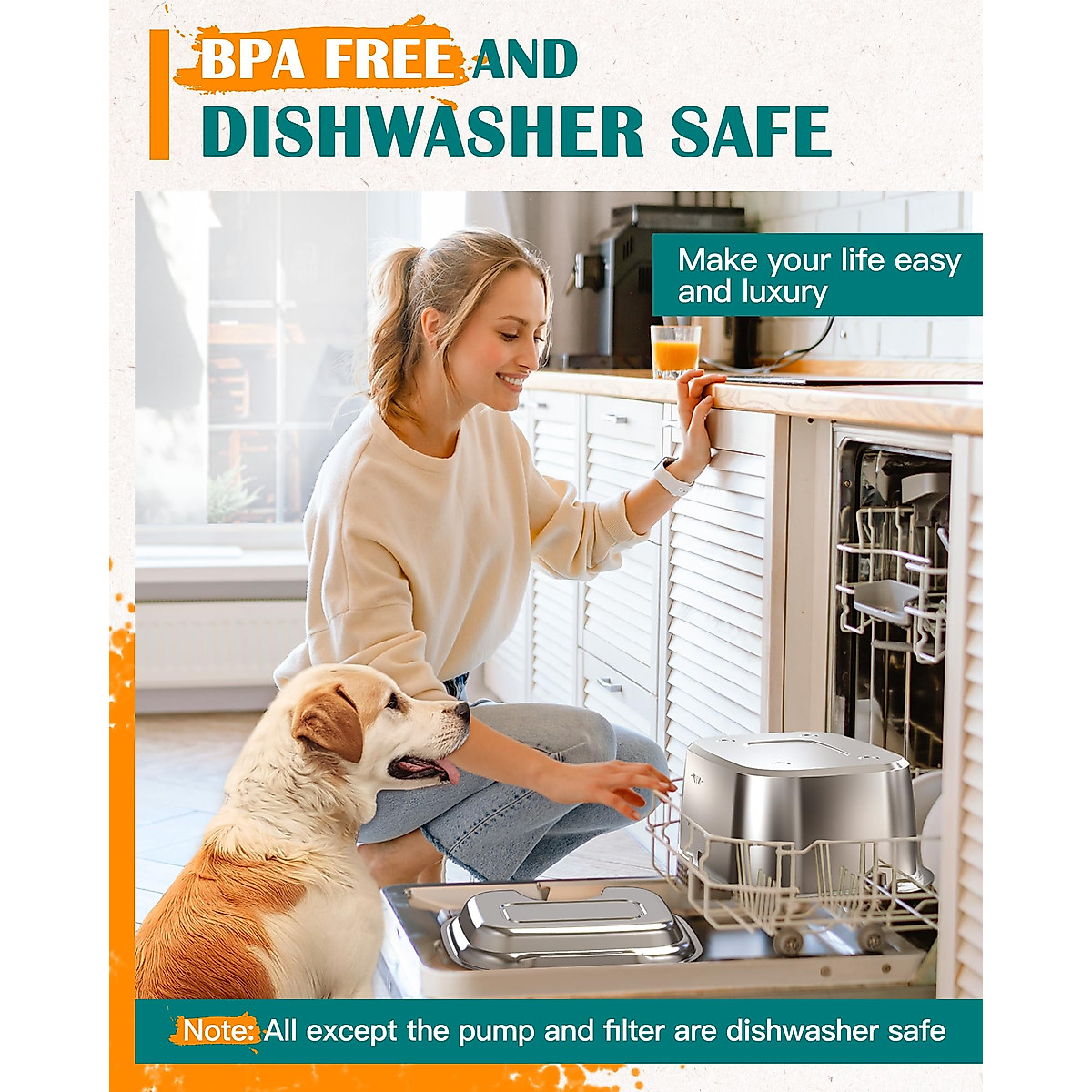 Stainless Steel Large Dog Water Fountain for Large Dogs,3Gallon Extra Large Capacity Big Pet Water Fountain with 4 Filters,Automatic Dog Fountain Water Bowl Dispenser Indoor,Quiet Pump,Dishwasher Safe