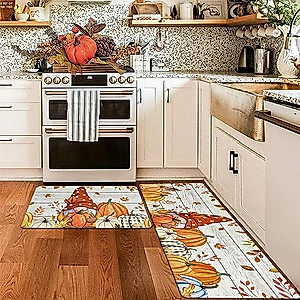 Bsmathom Fall Anti Fatigue Kitchen Rug Sets 2 Piece, Non Slip Waterproof Thick Cushioned Kitchen Rugs and Mats Set of 2, Pumpkin Thanksgiving Kitchen Runner Carpet Comfort Standing Mat