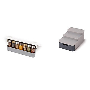 Joseph Joseph CupboardStore Spice Organizer 3M Tape Under-Shelf Pull Out Drawer Storage for Cabinet, One-size, Gray/White & CupboardStore Compact 3 Tier Shelf Organizer with Drawer for Cabinet, Gray
