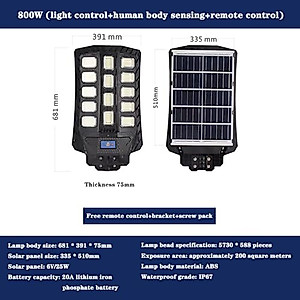 BVFNKQSC Outdoor Waterproof Solar Street Light, 800W Solar Parking lot Light, LED Wide-Angle Light, with Motion Sensor IP67 Waterproof Commercial Lighting,800W