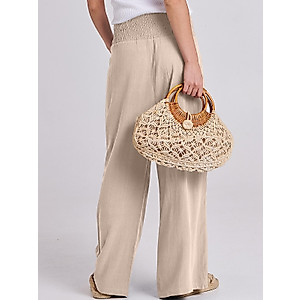 ANRABESS Women Linen Palazzo Pants Summer Boho Wide Leg High Waist Casual Lounge Pant 2025 Beach Travel Vacation Outfits Almond Large