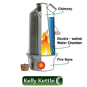Base Camp 54 Ounce Stainless Steel Kelly Kettle (1.6 Ltr) Rocket Stove Boils Water Ultra Fast with Sticks/Twigs. Enables you to Rehydrate Food or Cook a Meal. For Camping, Fishing, Emergency