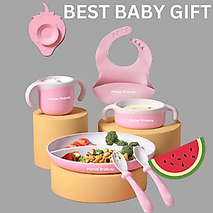 mutualproducts - Baby Feeding Set 7-Piece | Baby Led Weaning Utensils Set Includes Suction Bowl and Plate, Baby Spoon and Fork, Sippy Cup | Baby Feeding Supplies Set (Pink-White)
