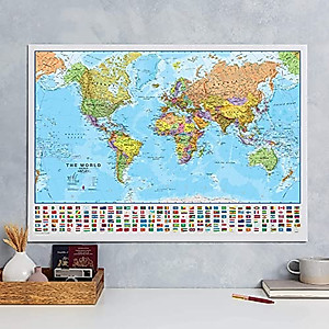 Maps International - Large World Map – Wall Map Poster With Flags – Laminated - 23 x 33