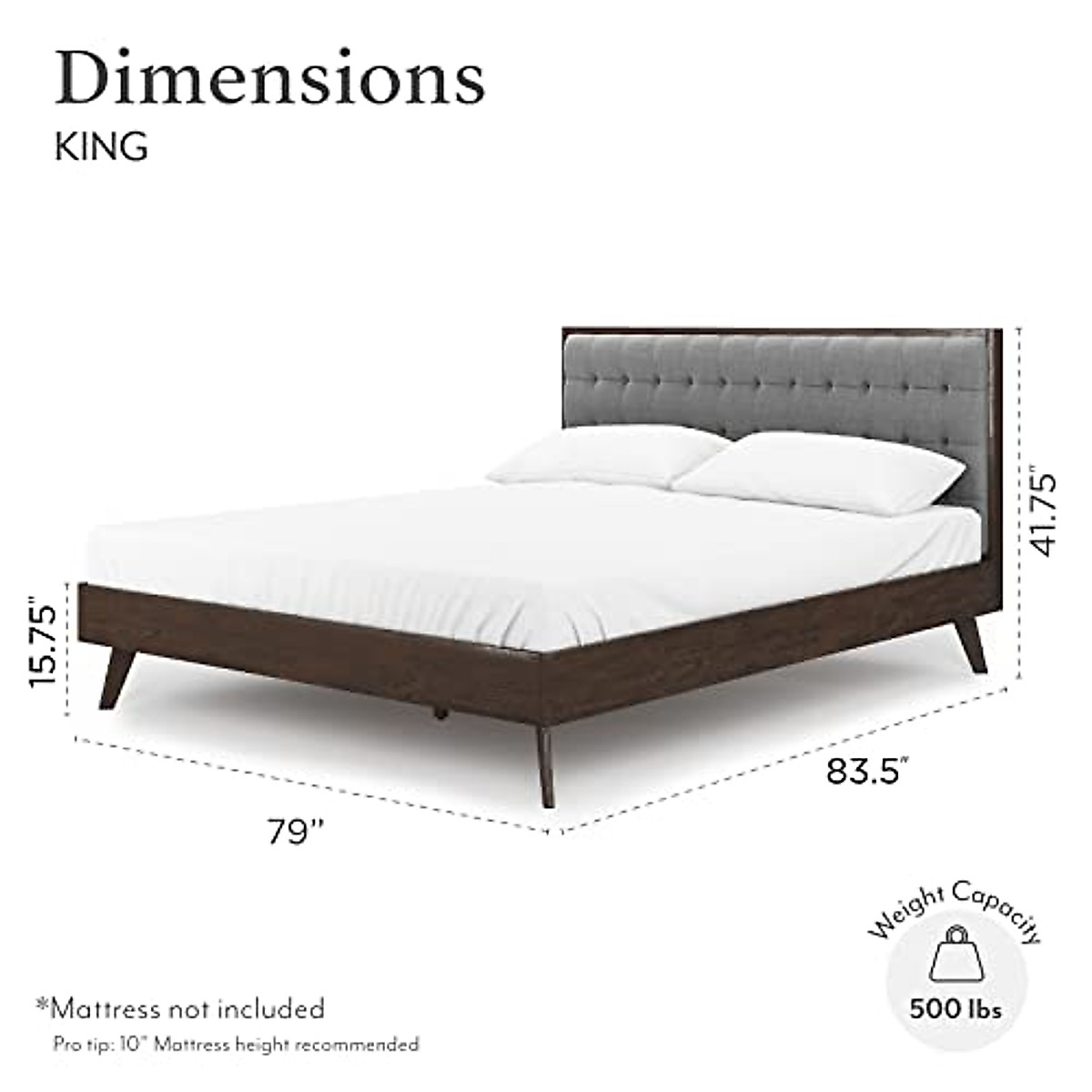 DG Casa Soloman Mid Century Modern Upholstered Platform Bed Frame with Square Button Tufted Headboard and Full Wooden Slats, Box Spring Not Required - King Size in Gray Fabric