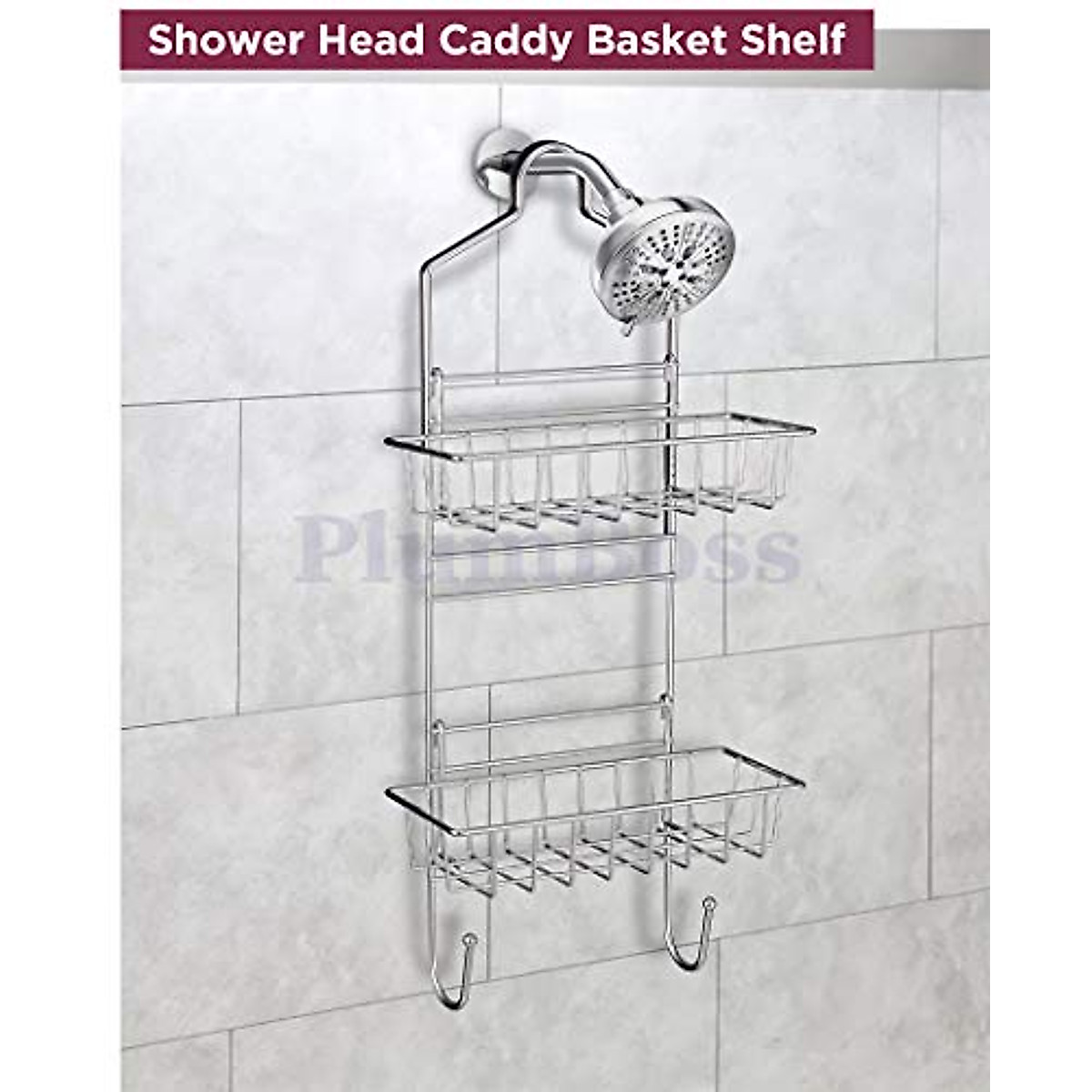 Plumboss E2050 Shower Caddy Over Shower Head Basket Shelf with Hooks for Hanging Sponge and Razor,Shampoo Holder Organizer Stainless Steel Chrome