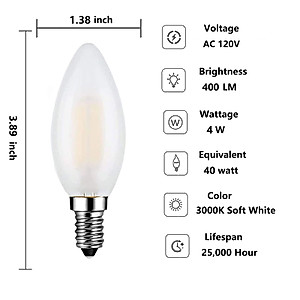 E14 LED Candelabra Bulb 40W Equivalent 4W Dimmable LED Candle Light Bulbs, 3000K Soft White 400 Lumen E14 Frosted Glass Decorative Bulb, 4 Pack