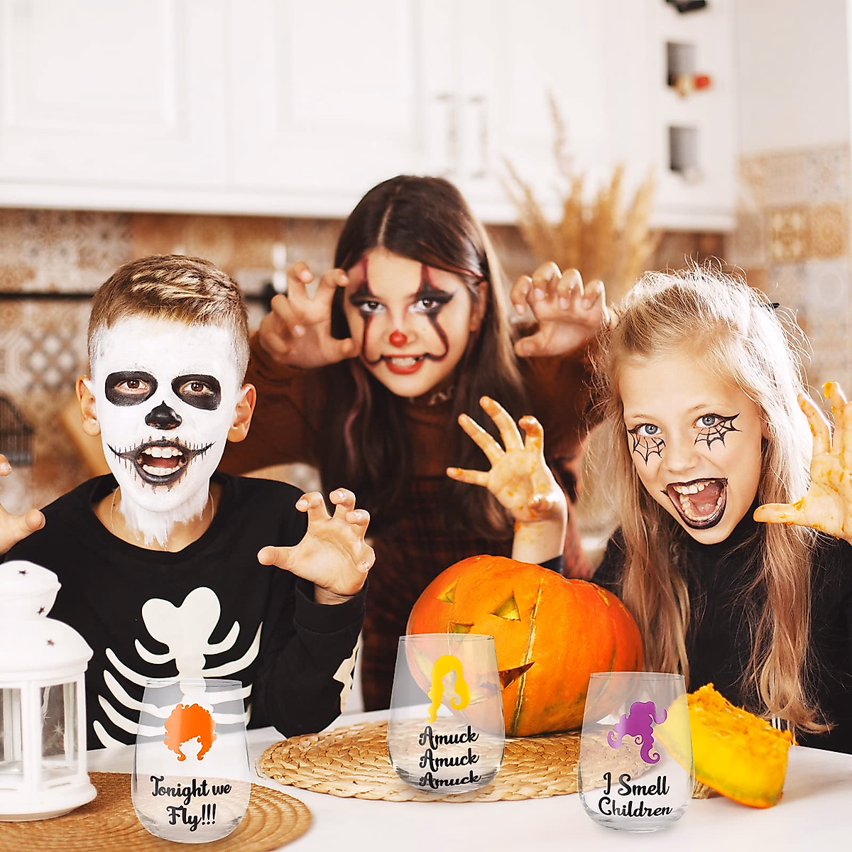 Whaline 3Pcs Halloween Stemless Wine Glasses 17oz Hocus Pocus Drinking Glasses Little Witch Clear Tumbler Cups for Halloween Party Event Decorations Hocus Pocus Themed Supplies
