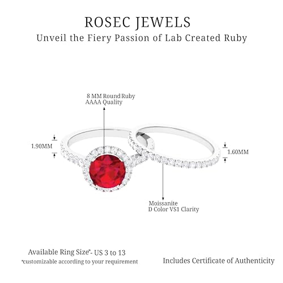 Lab Created Ruby Bridal Wedding Ring Set with D-VS1 Moissanite | 8 MM | AAAA Quality, 14K White Gold, Size:US 5.50