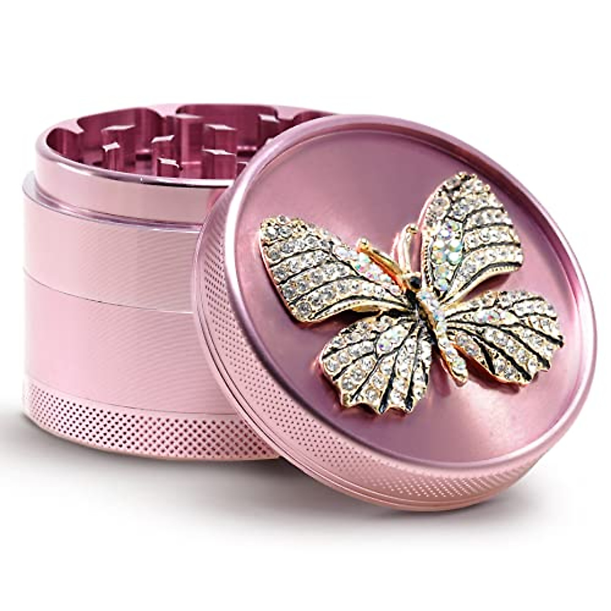 GREASURE Butterfly Pink Grinder 2.5 inch - Aluminum 4 Piece Cute Spice Grinder with Velvet Gift Pouch Bag, Scraper and Brush Tools