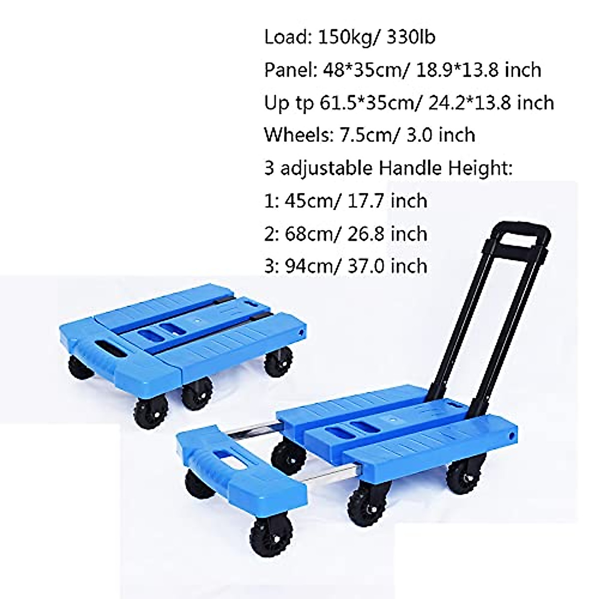 Generic Platform Hand Truck Folding Hand Truck 6 Wheels Small Trolley Cart with Stretchable Handle for Home Office Travel Luggage Moving 330lbs Weight Capacity Push Dolly for Loading (Blue 3inch)