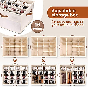ateboane Shoe Storage Organizer for Closet,Foldable Shoe Storage Bins with Clear Cover,Large Adjustable Shoe Box Storage Containers,Fits 8-16 Pairs,Space-Saving Shoe Cube Organizer, Beige