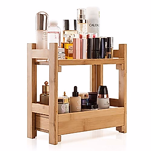 GOBAM Bathroom Counter Organizer Shelf Cosmetic and Vanity Perfume Organizer Shelf with Drawer, Easily Assembled Suitable for Mom or Wife, Bamboo