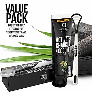 Dental Expert Charcoal Toothpaste Whitening, SLS Free, Tongue Cleaner & Toothbrush Included, Mint, Removes Coffee Stains from Teeth, 4oz