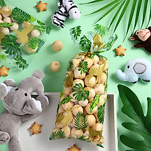 100 Pieces Jungle Animal Cellophane Treat Bags, Green Gold Safari Animal Palm Leaves Plastic Candy Goodie Bags with 100 Gold Twist Ties for Wild One Safari Baby Shower Birthday Party Favors