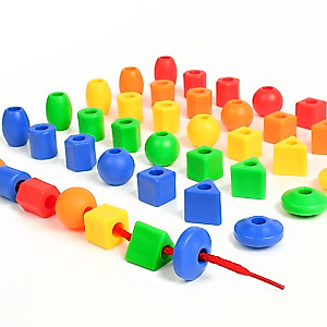 Lacing Beads for Toddlers (60 Stringing Beads,4 Strings) -Educational Montessori Preschool Activities,Toddler Sensory Occupational Therapy Toys Autism OT (with Storage Bag)