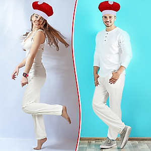 Suhine 2 Pcs Boys Deluxe Costume Accessory Set Red and White Spotted Mushroom Hat White Pants Brothers Mushroom Costume Outfits for Halloween Brother Game Character Dress up Supply