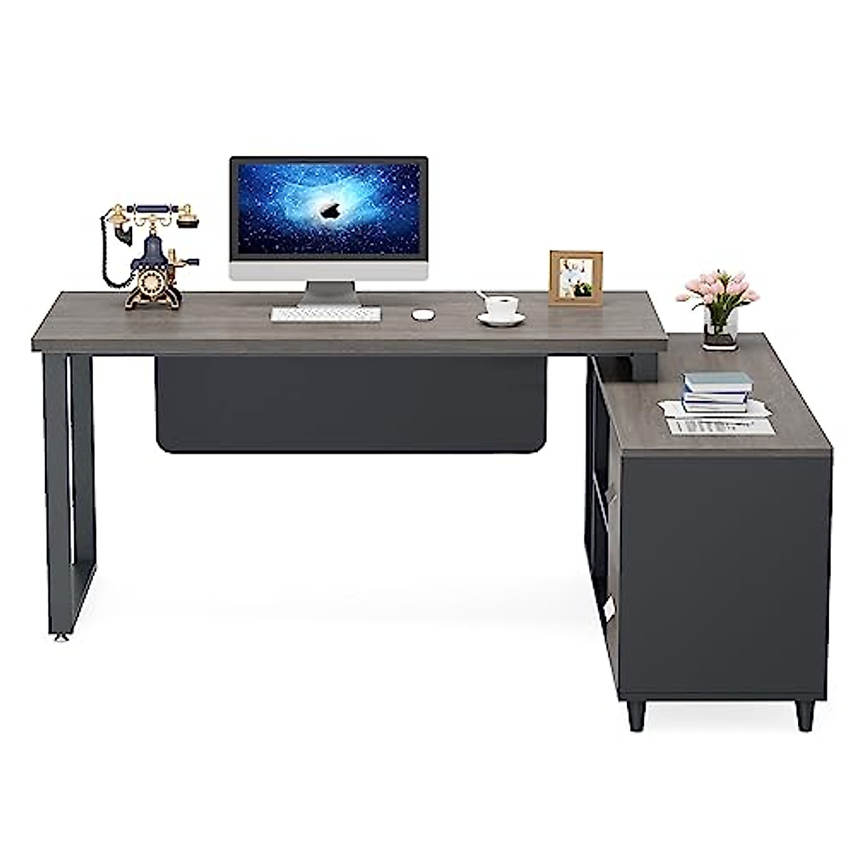 Tribesigns L Shaped Desk with 2 Drawers, 55 Inch Executive Office Desk with Cabinet Storage Shelves, Business Furniture L Shaped Computer Desk for Home Office (Grey)