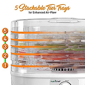 NutriChef Food Dehydrator Machine - Professional Electric Multi-Tier Food Preserver, Meat or Beef Jerky Maker, Fruit & Vegetable Dryer with 5 Stackable Trays, High-Heat Circulation - PKFD06