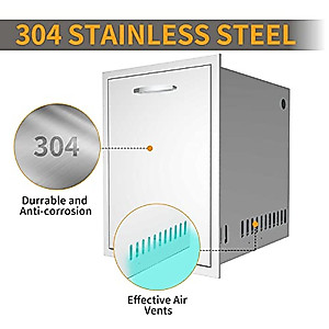 KODOM Built-in Single Trash Drawer 17" W x 23" H x 16" D Pull-Out Tray Outdoor Kitchen Stainless Steel Trash Drawer with Handle Storage Trash Bins or Propane Tank for BBQ Island Grill Station