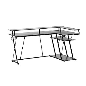 SEVEN WARRIOR L Shaped Gaming Desk with LED Lights & Power Outlets, 63” Reversible Corner Desk with Storage Shelf, Computer Desk with Monitor Stand, Gaming Table with Cup Holder, with Hooks, Black