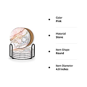 Britimes Coasters for Drinks Absorbent with Metal Holder Stand, Ceramic Stone Coaster Sets of 6, Marble Style Coaster for Coffee Wooden Table, Housewarming Gift Pink