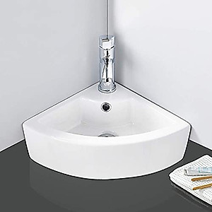 VASOYO Small Corner Bathroom Sink Wall Mount White Triangle Porcelain Ceramic Above Counter Mini Wall Vanity Vessel Sinks with Single Faucet Hole and Overflow
