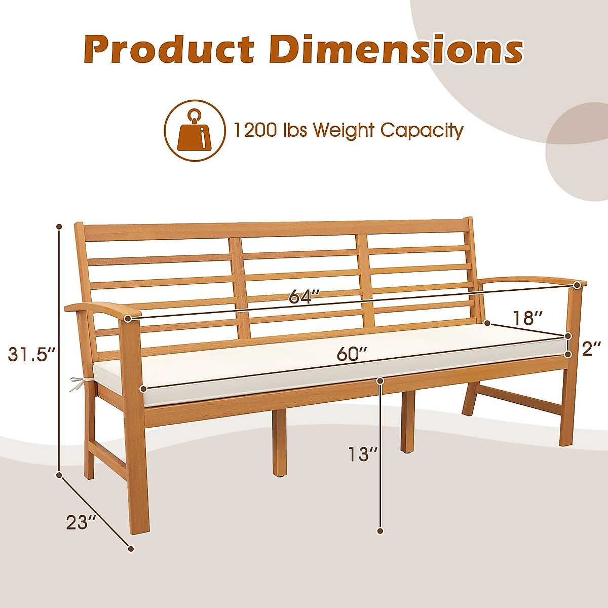 RELAX4LIFE 64’’ Outdoor Bench Acacia Wood - 3-Seat Patio Bench w/Slatted Backrest, Armrests & Seat Cushion, Extra Long Front Porch Bench for Park Poolside Yard, 1200LBS Capacity, 3-Person Garden Bench