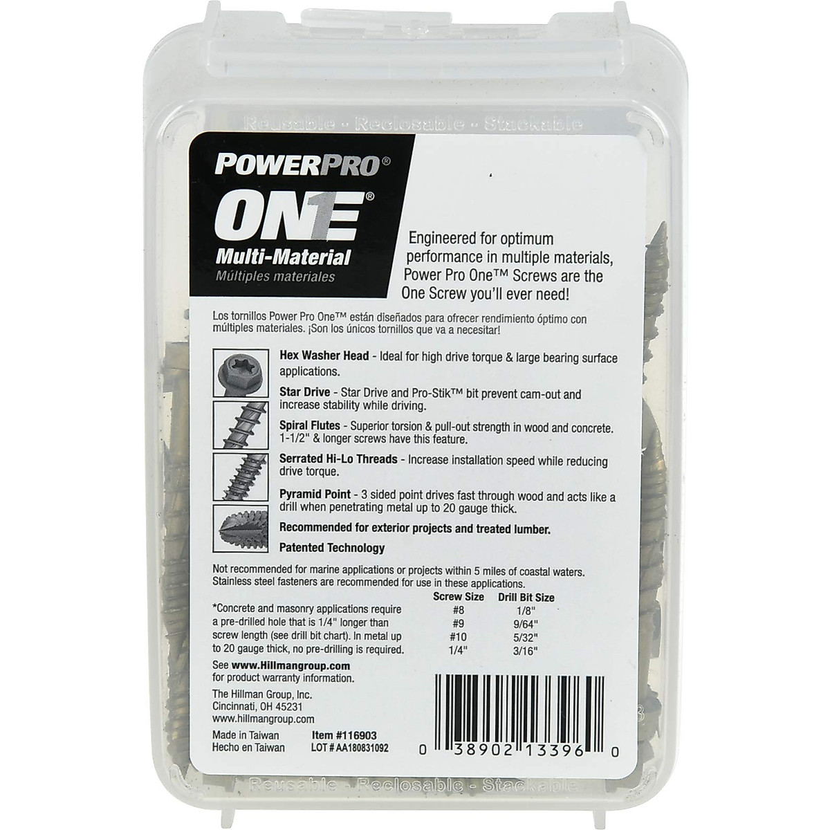 Power Pro Premium One Multi-Material Hex Washer Head Screws, Epoxy Coated Steel, Fasten in Wood, Metal, Concrete, Drywall and Plastic, Bronze, ¼ x 1-¾ inches, Box of 56 Screws