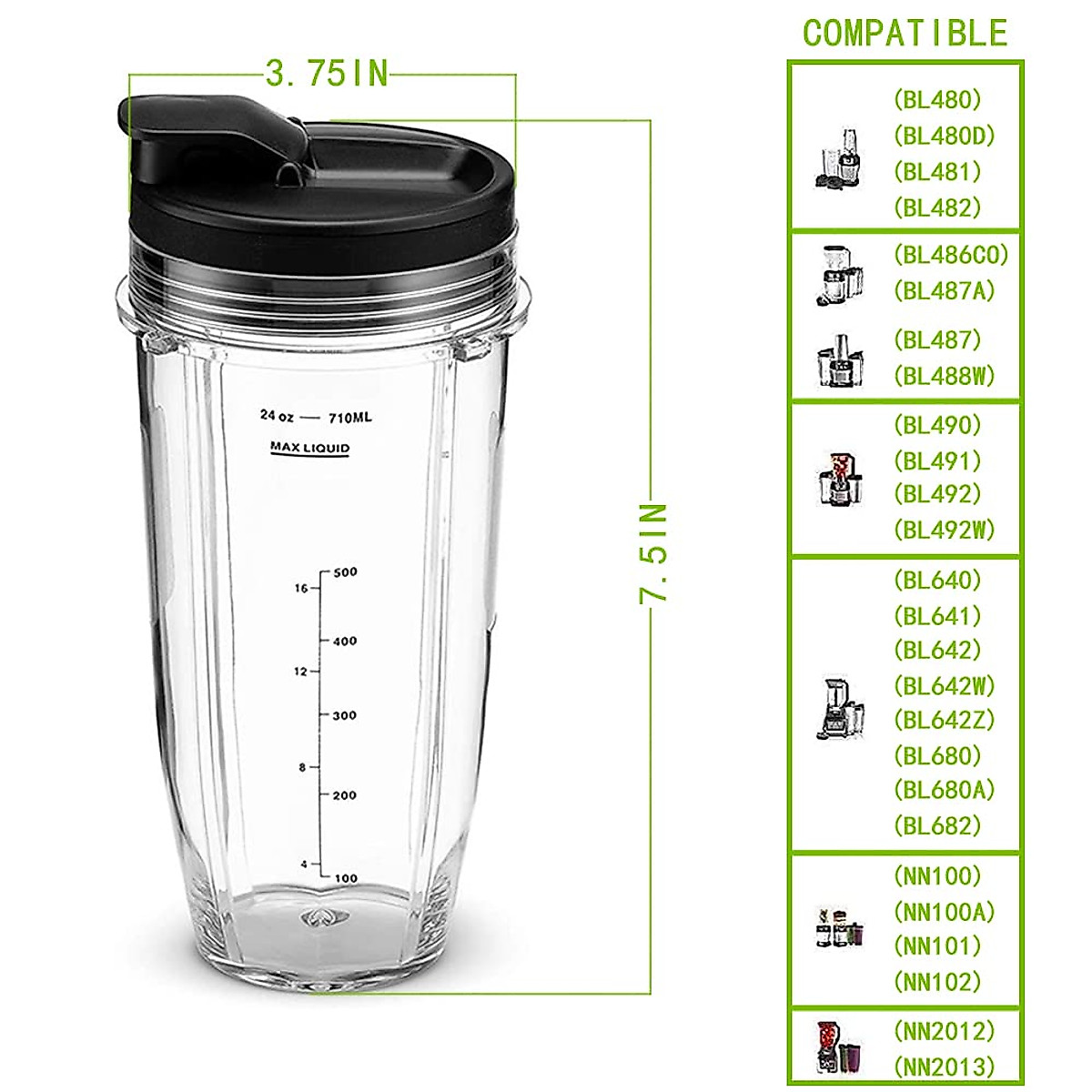 2 Pack 24 OZ Replacement Blender Cups with Lid for Ninja Auto iQ BL480 BL482 BL642 NN102 BL682 BL450 BL2013