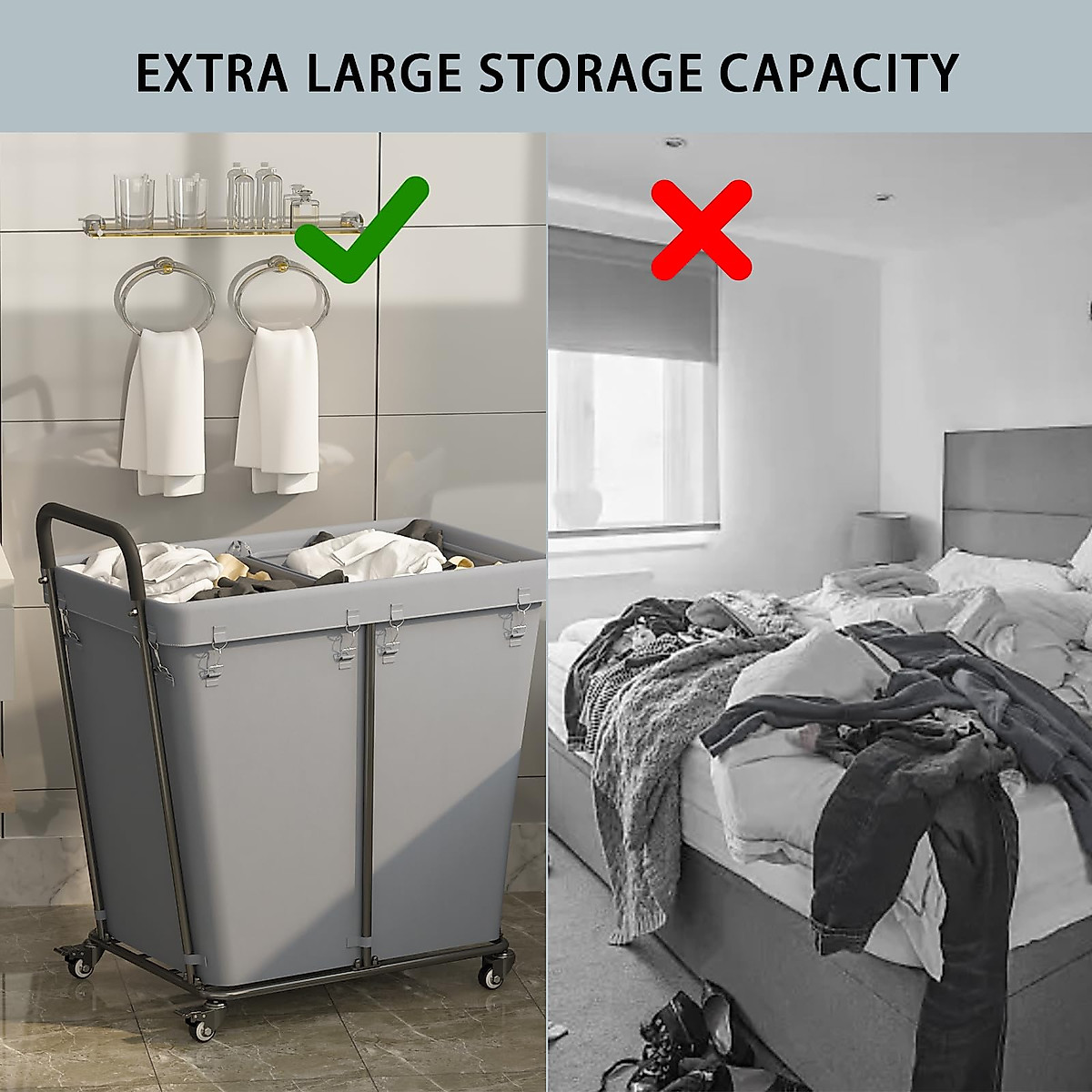 huyear Laundry Cart with Lockable Wheels 2 Section, 240L Large Capacity Commercial Laundry Sorter Rolling Laundry Cart with Sturdy Steel Frame and Removable Waterproof Bags, Laundry Hamper for Storage