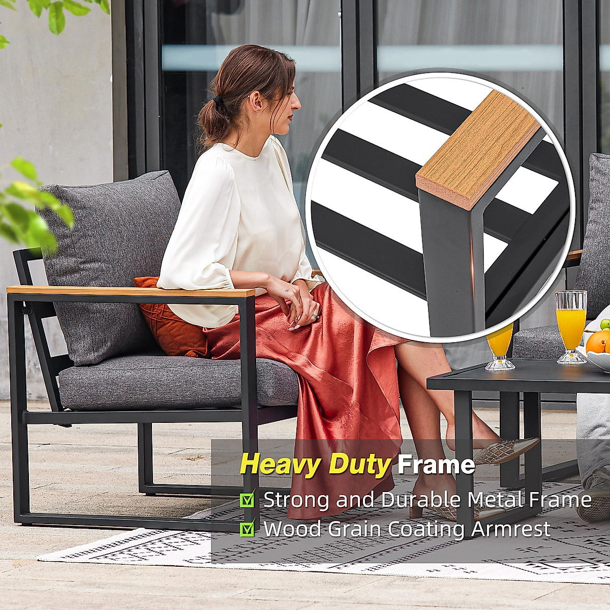 COMLAX FIELD Patio Furniture Set, 4 Pieces Outdoor Patio Furniture with Table Set, Metal Patio Conversation Sets with Washable and High-Resiliency Sponge Cushions, Grey