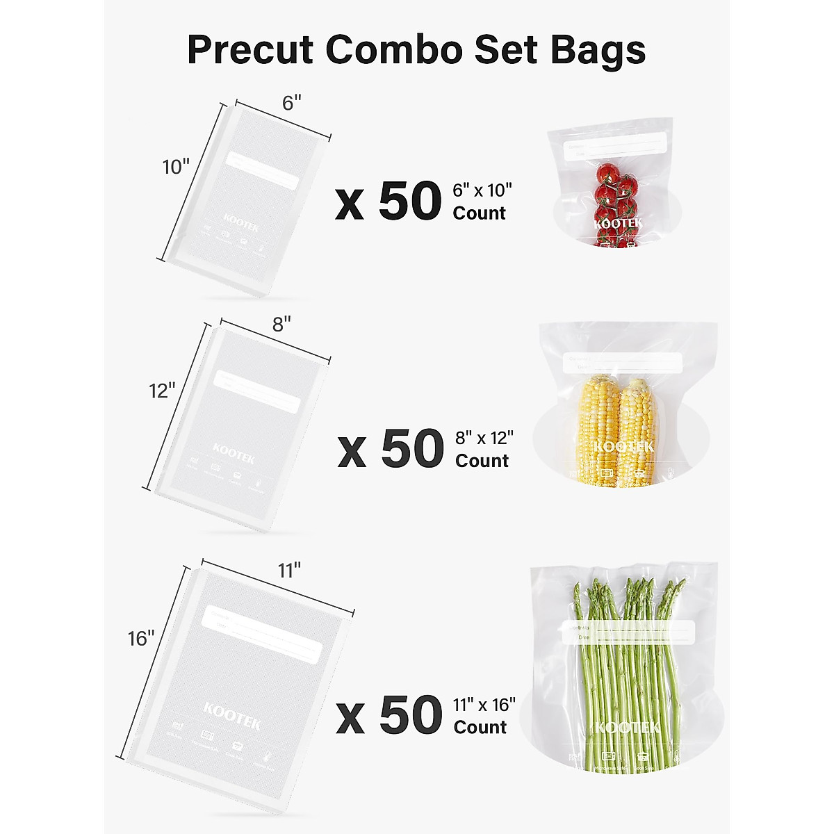 Kootek Vacuum Sealer Bags, 150 Gallon 11" x 16", Quart 8" x 12" and Pint 6" x 10" Vacuum Seal Bags for Food, Commercial Heavy Duty, BPA Free, Precut Food Vac Bag for Storage, Meal Prep or Sous Vide