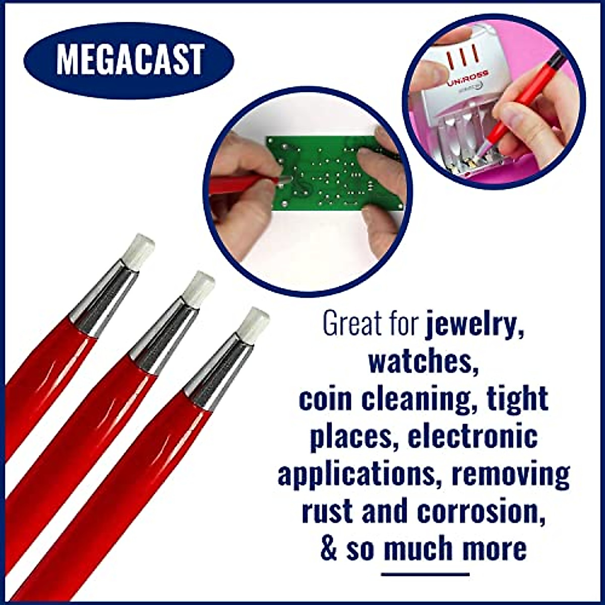 Megacast Fiberglass Scratch Brush Pen - 3 Pack - Jewelry, Watch, Coin Cleaning, Electronic Applications, Removing Rust and Corrosion