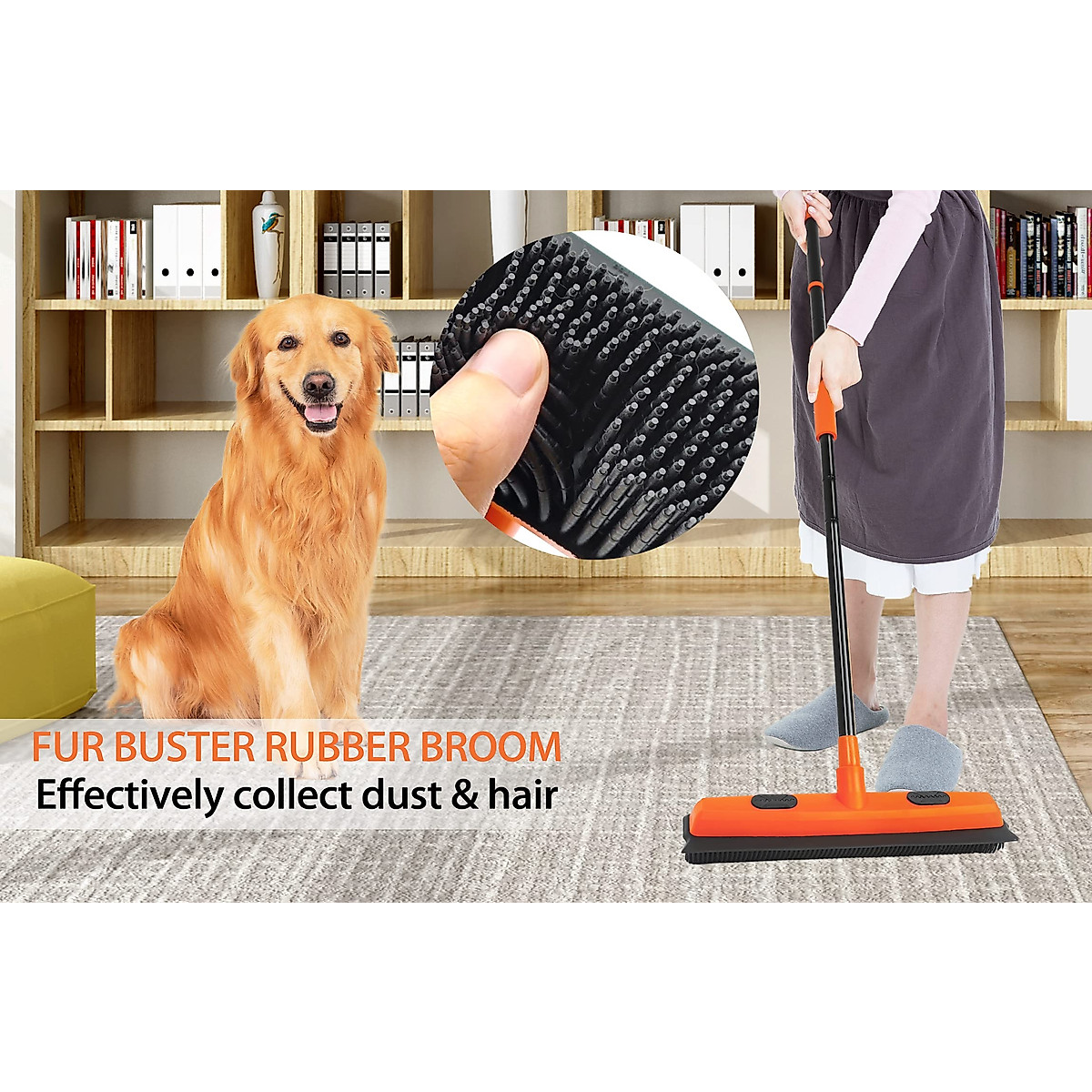 JEHONN Rubber Broom Carpet Rake for Pet Hair Remover, Fur Removal with Squeegee, Portable Detailing Brush Brush, 52.8 Inches Telescopic Long Handle for Fluff Carpet