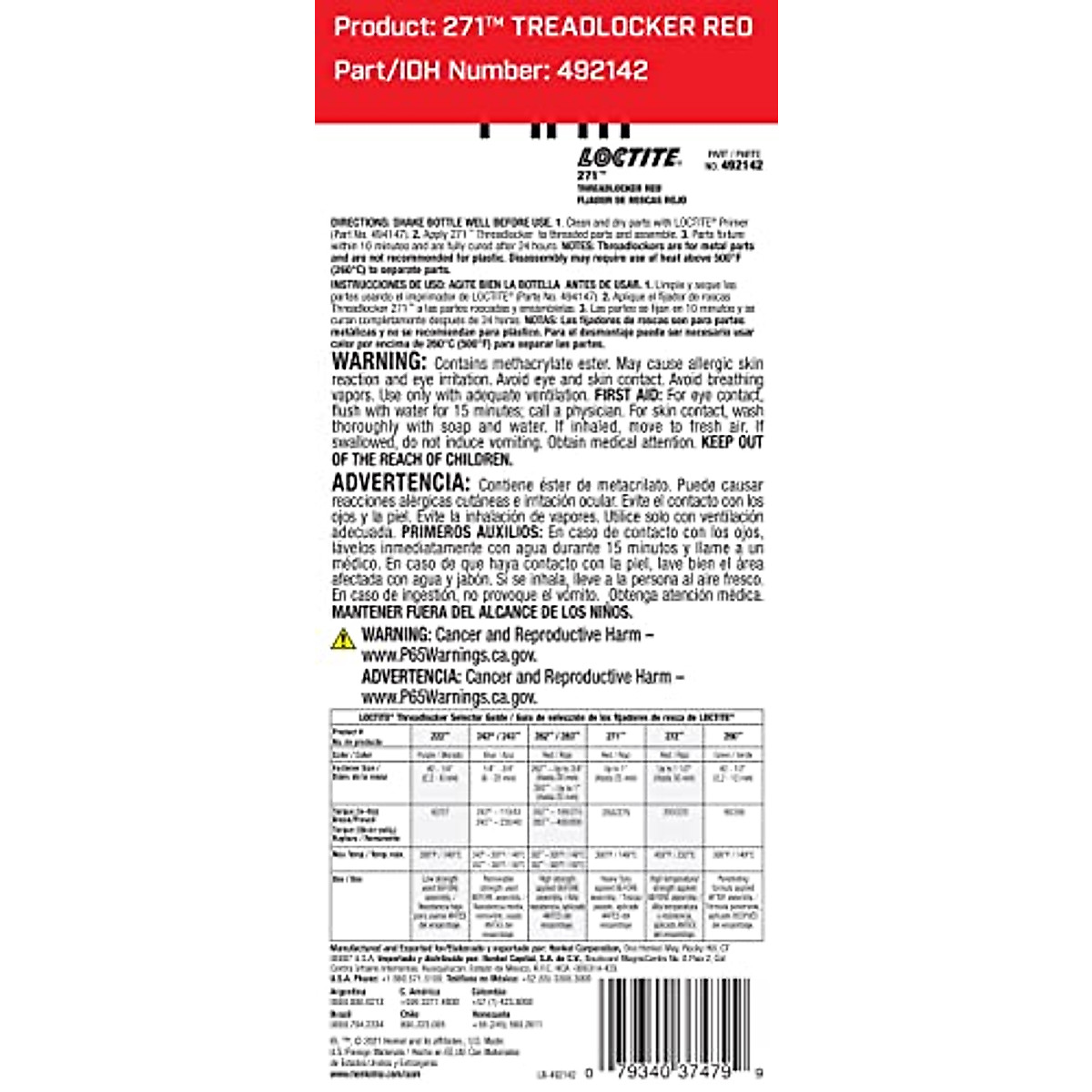 Loctite 271 Threadlocker for Automotive: High-Strength, High-Temp, Fluorescent, Anaerobic, Heavy-Duty Applications, Works on All Metals | Red, 36 ml Bottle (PN: 37479-492142)