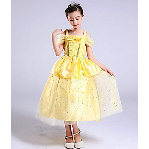 Little Girls Yellow Roses Princess Costume Dress Off Shoulder Layered Dress up (4-5 Years)