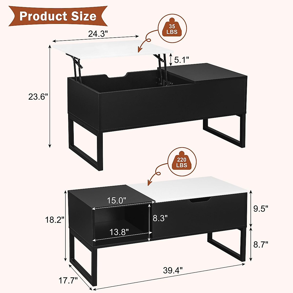 Koifuxii Lift Top Coffee Table - White Coffee Table with Lifting Top and Hide Compartment Storage - Lifted Coffee Table Rectangle - Wood Coffee Tables for Living Room