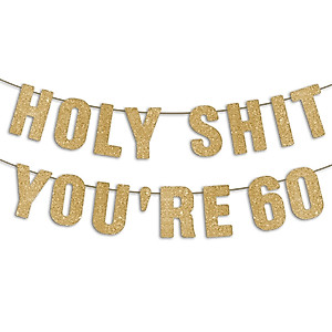 JunyRuny Gold Glitter 60th Birthday Banner, 60th Birthday Party Decorations for Men/Women, 60th Birthday Decorations for Him/Her, Happy 60th Birthday Sign, Funny 60th Birthday sign