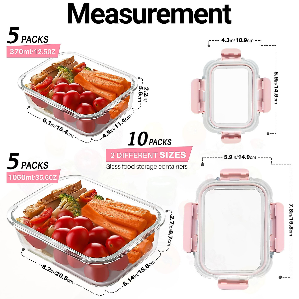 Glass Food Storage Containers 10 Packs - Eco Friendly Borosilicate Glass with BPA Free Locking Lids, Microwave Safe Prep Contaniers Set for Meal | Leakproof & Airtight Lunch Box for Kitchen (Pink)