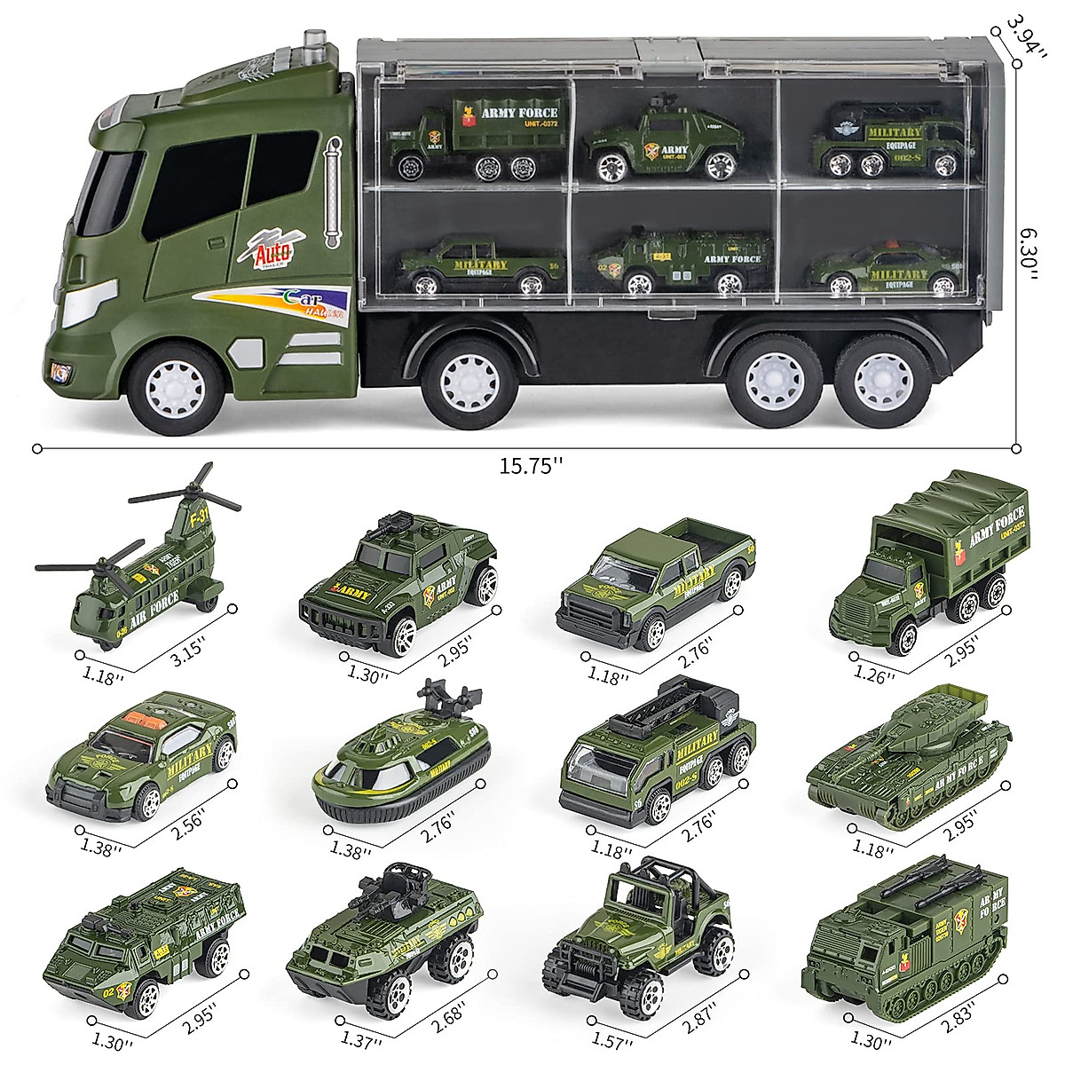 18 Pcs Military Truck with Army Men Toy Set for Boys, Mini Die-cast Battle Car in Transport Carrier Truck Playset, Army Toy Vehicle for Boy Girl Kid Toddler 8-12 Year Old Birthday Gift Party Favor