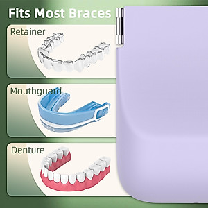 Nearockle 2 Pack Silicone Retainer Case with Lanyard, Soft Denture Case with Vent Holes Compatible for Invisalign, Portable Mouth Guard Case Travel Containers (Pink+Purple)