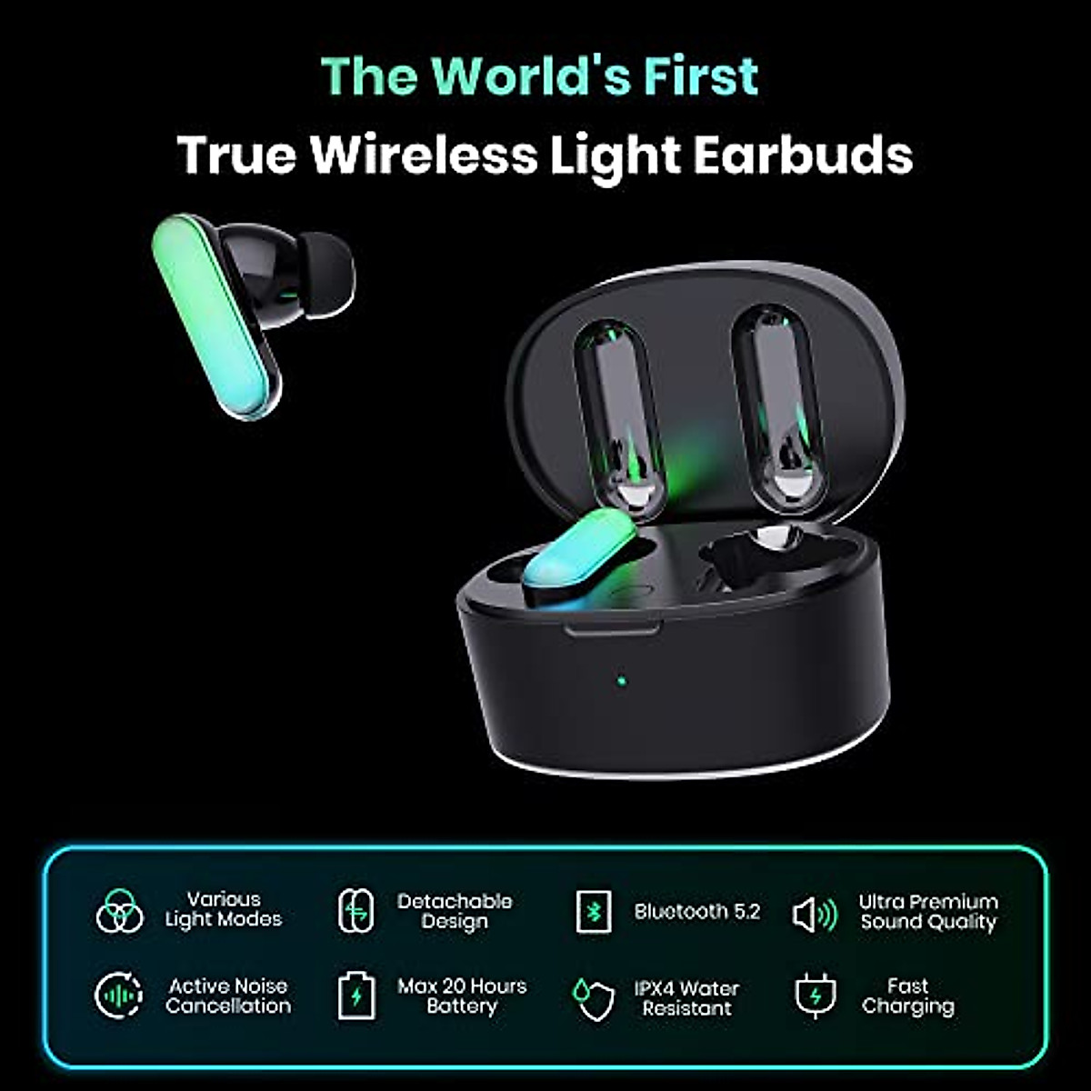 HHOGene GPods Premium Set,Wireless Earbuds with Light Control and 4 Earbuds Shells,Noise Cancelling Bluetooth Earphones with Immersive Sound,Fast Charging Case,Touch Control,Built-in Microphone,Black